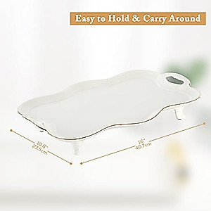 DUJUST Porcelain Serving Tray with Handles, Luxury British Style Coffee Table Tray with Golden Rim, Beautiful Tea Tray Decor for Living Room, Easy to Use & Clean