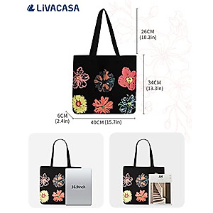 LIVACASA Canvas Tote Bag for Women, Large Floral Grocery Bags with Zipper and Inner Pockets,Travel Tote Bags for Shopping