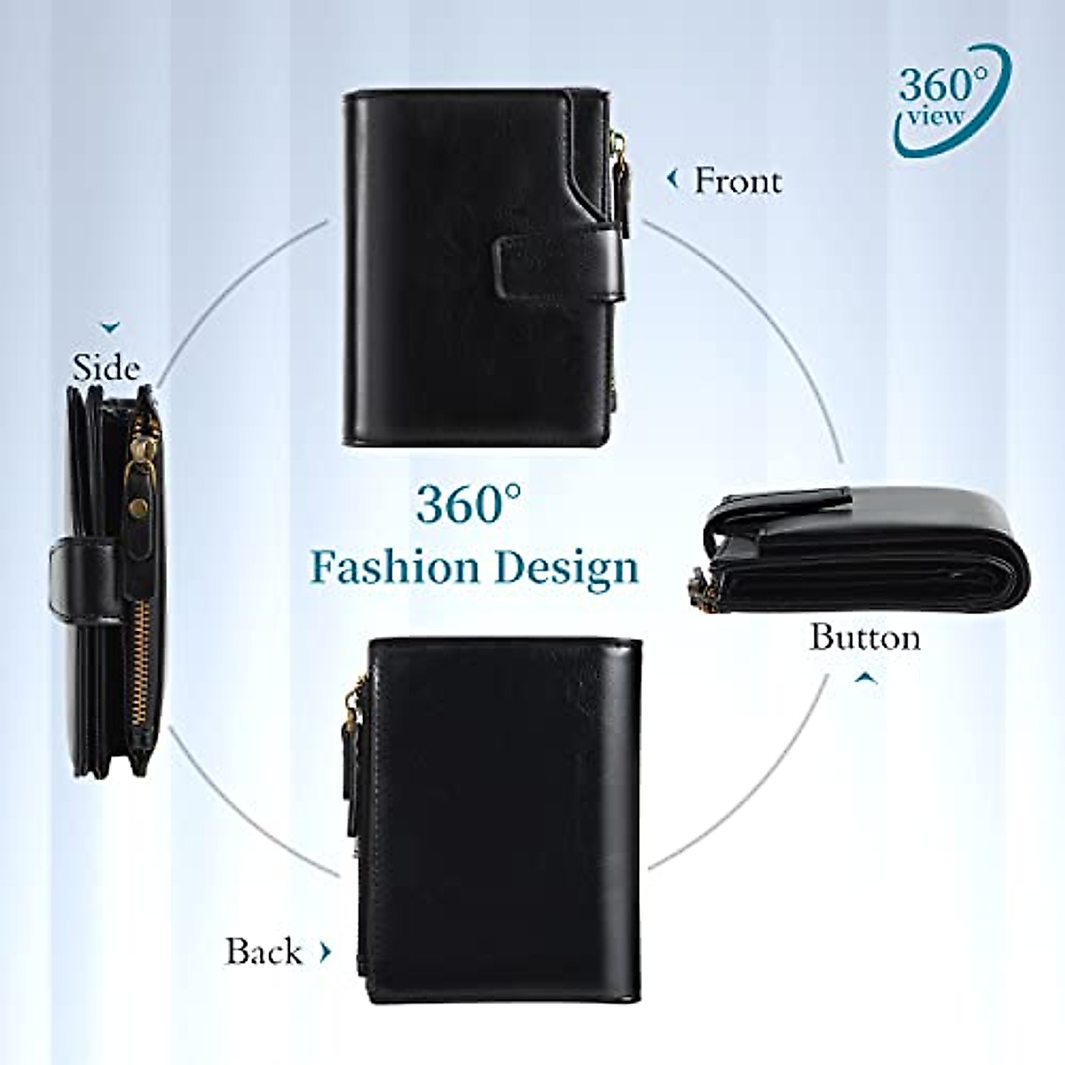 GSG Small Womens Wallet Leather Credit Card Holder, RFID Blocking Bifold Ladies Pocket Wallet with Zipper Coin Pocket, Black