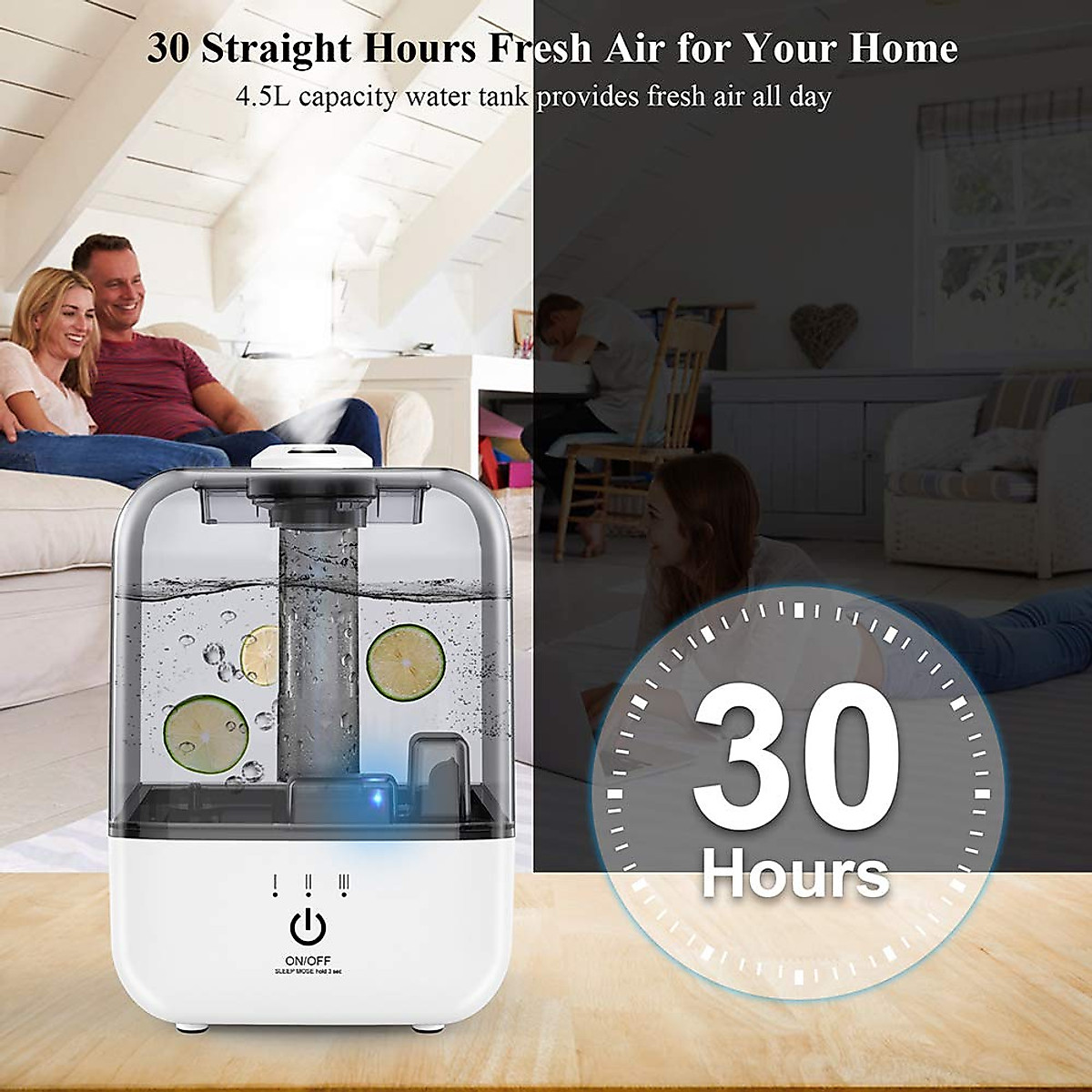 KNGUVTH Cool Mist Humidifier, Quiet Humidifiers for Home Bedroom Babies, 4.5L Top Fill Mist Large Humidifier Ultrasonic Air Humidifier, Works Up to 30 Hours, Adjustable Mist Levels, Auto Shut-Off