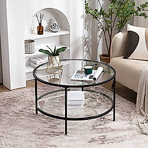 VINGLI Glass Coffee Table,30" Round Coffee Table Black Coffee Tables for Living Room,2-Tier Glass Top Coffee Table with Storage Clear Coffee Table,Simple & Modern Center Table Mesa de Centro Para Sala