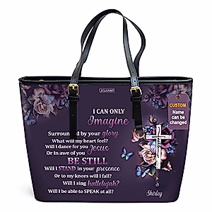 Jesuspirit Inspirational Christian Scripture Faith Woman Gifts - Personalized Religious Gift For Church Ladies - I Can Only Imagine Customized Spiritual Large Leather Tote Bag With Zipper For Women