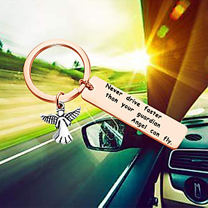 PLITI Never Drive Faster Than Your Guardian Angel Can Fly Keychain Guardian Angel New Driver Driving License Key Chain Father’s Day Gift (ECI Never drive RG)