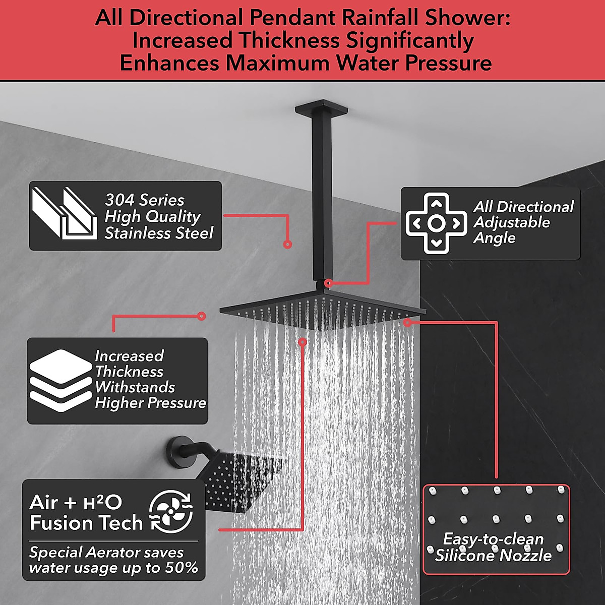 VANFOXLE Shower Faucet Set Matte Black Shower System,Four Modes Shower Faucet with 2 in 1 Handheld,Ceiling Mount 10 Inch Shower Head with 6 Inch Shower Head, 4 PCS Dual Modes Body Jets