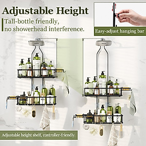 Skyapex Shower Caddy Hanging: Adjustable Height No Blocking to Shower Head - Black Shower Caddy Over Showerhead Shower Organizer - Rustproof Shower Shelves with Hooks 2 Soap Holders