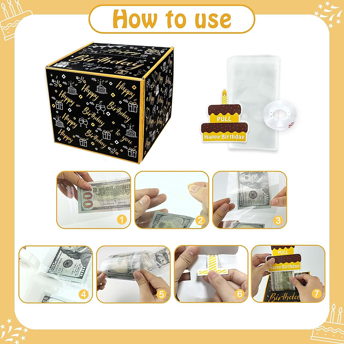 DTESL Happy Birthday Day Money Box for Cash Gift Pull,Money Gift Boxes for Cash,Money Box for Cash Gift Black & Gold Money Holder for Cash with Pull Out Card DIY Set Surprise Birthday Gift Box