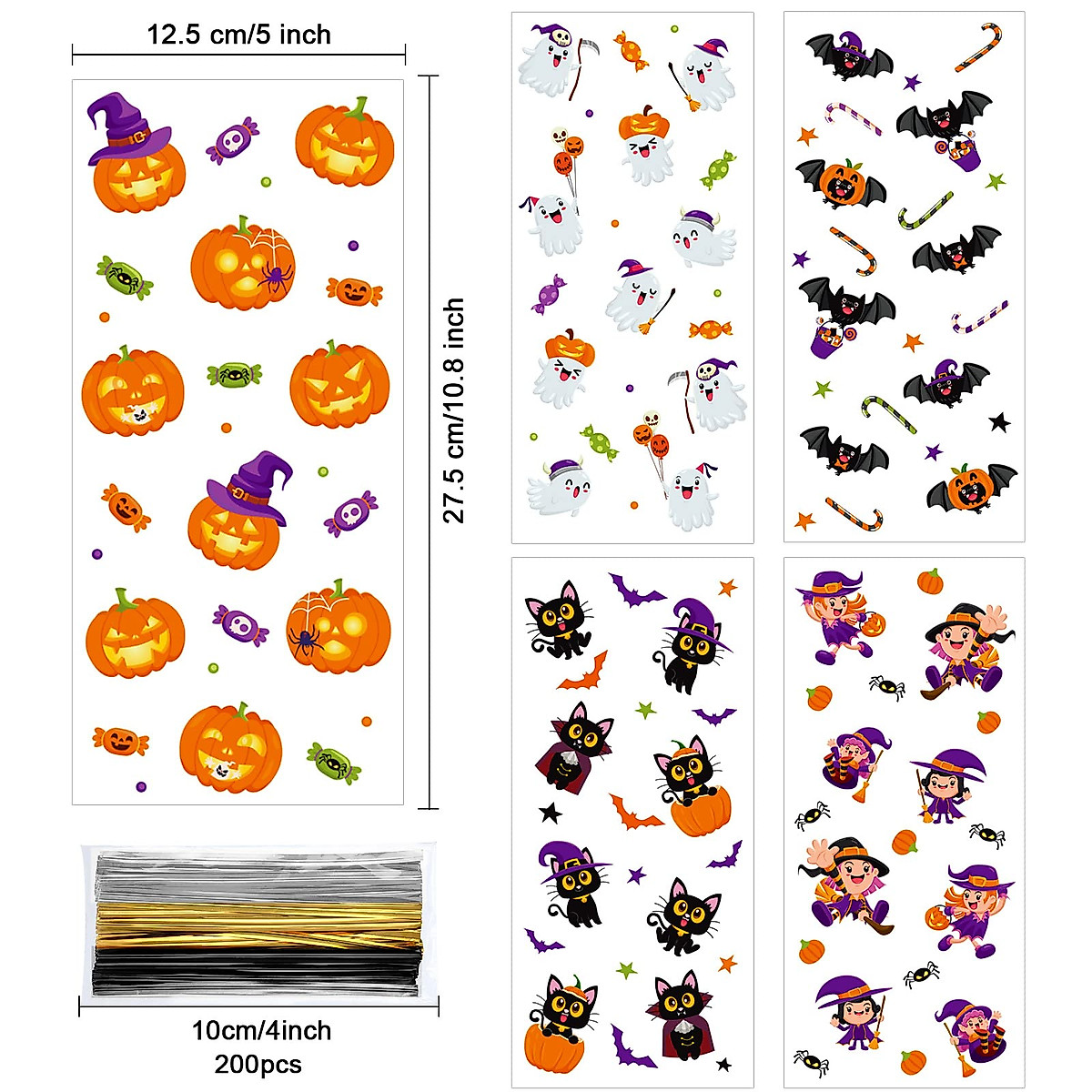 Pajean 200Pieces Halloween Cellophane Candy Bags Bulk Trick or Treat Plastic Candy Cello Bags with Twist Ties Halloween Theme Party Supplies for Goodie Treat Bags Kids Birthday Party Favor Candy Warp