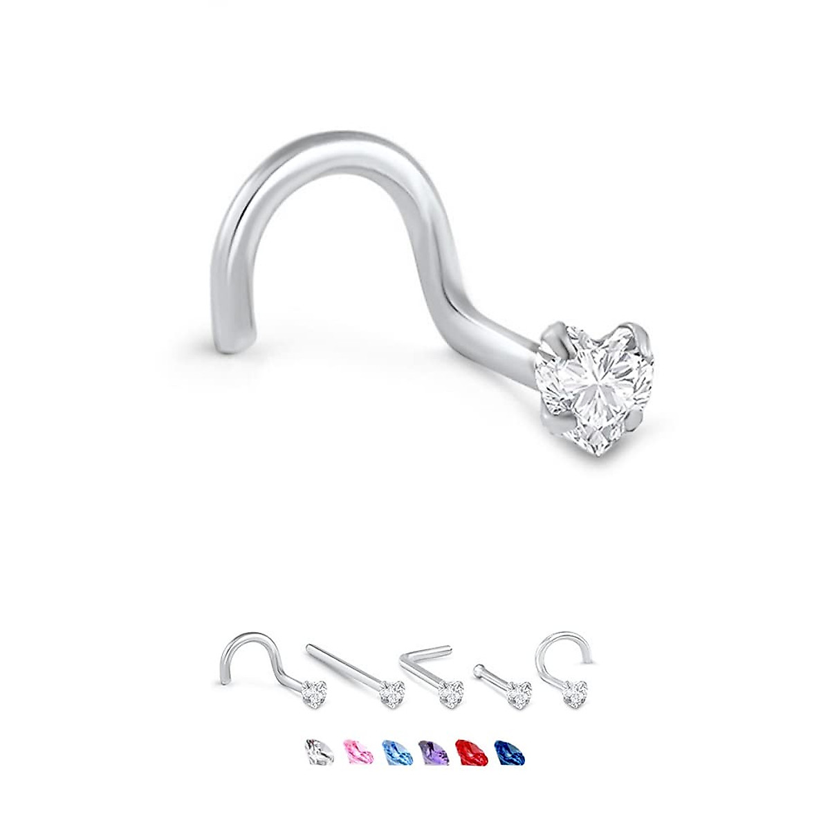 14k White Gold Nose Bone Ring 3mm Red Heart CZ 22G