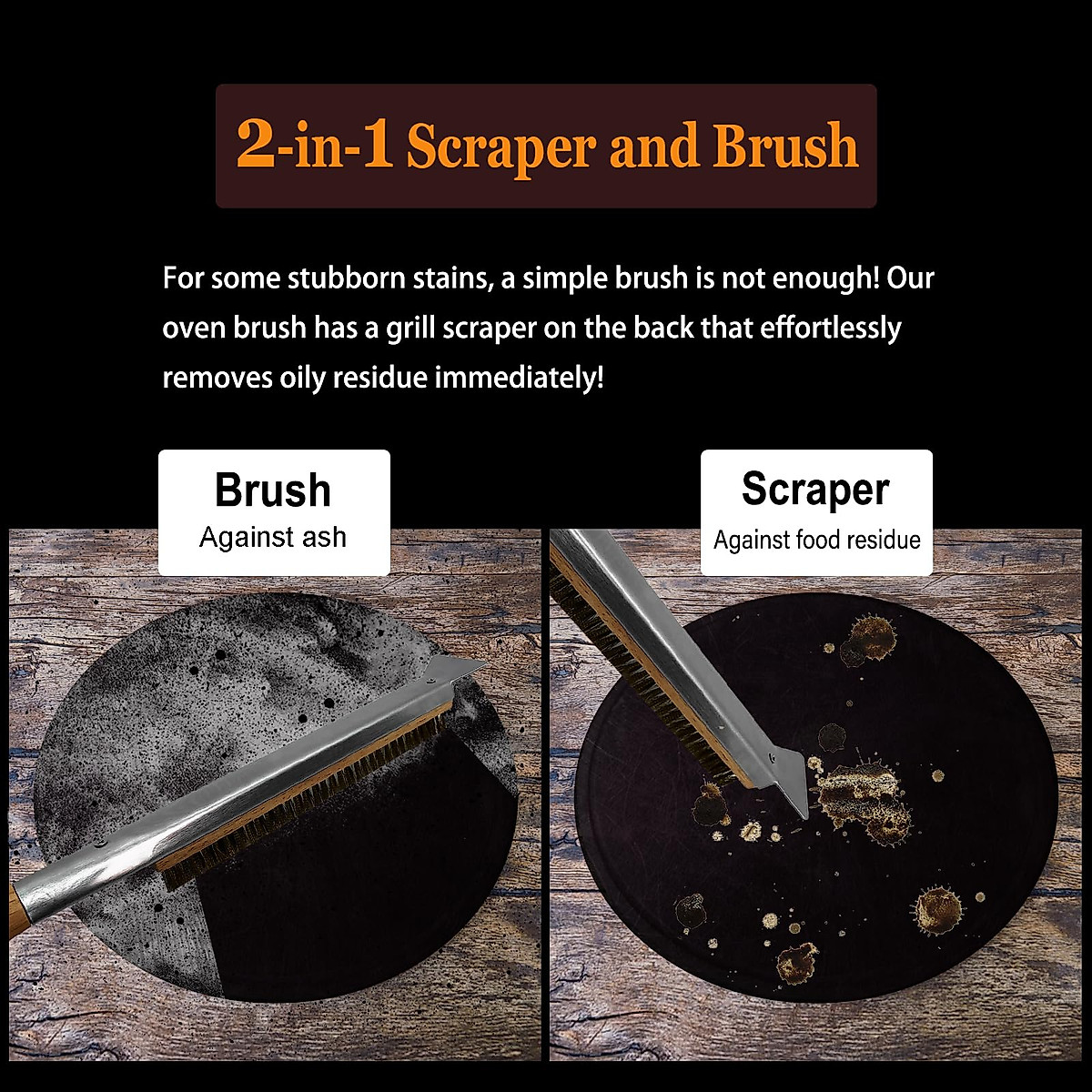 InterMaka 21 Inch Pizza Oven Brush with Scraper, Long Handle Pizza Stone Brush, Grill Cleaning Brush, Outdoor Pizza Oven Accessories with Wood Handle & Brass Bristles