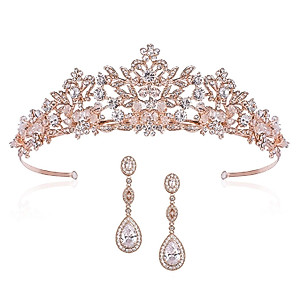 SWEETV Rose Gold Wedding Tiara Earrings Jewelry Set for Women & Girls - Bridal Tiara & Dangle Earrings with Rhinestones