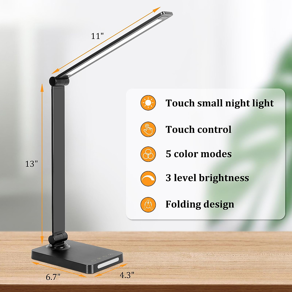 Dott Arts LED Desk Lamp, Touch Control Desk Lamp with 3 Levels Brightness, Dimmable Office Lamp with Adjustable Arm, Foldable Table Desk Lamp for Table Bedroom Bedside Office Study, 5000K, 8W, Black