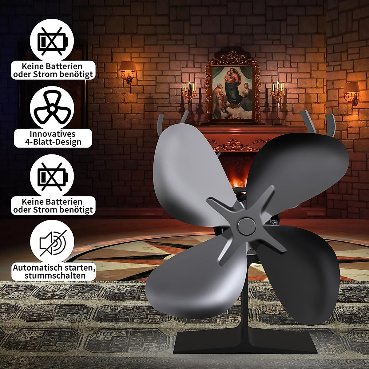 heybb Woodburner Stove Fan, 4 Blades Wood Stove Fans Heat Powered, Silent Operation with Stove Thermometer for Wood, Log Burner, Fireplace, Eco Friendly Circulatons and Efficient Heat Distributions