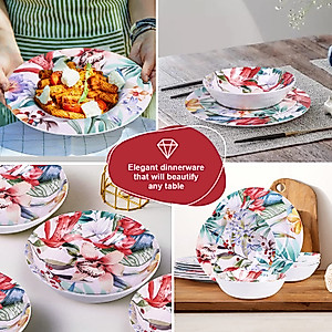 Melamine Dinnerware Sets 12 Pcs Plates and Bowls Sets Lightweight Unbreakable Natural Elements Pattern Dinner Plates Salad Bowls Outdoor Dishes Set for 4 BPA Free Dishwasher Safe (Red)