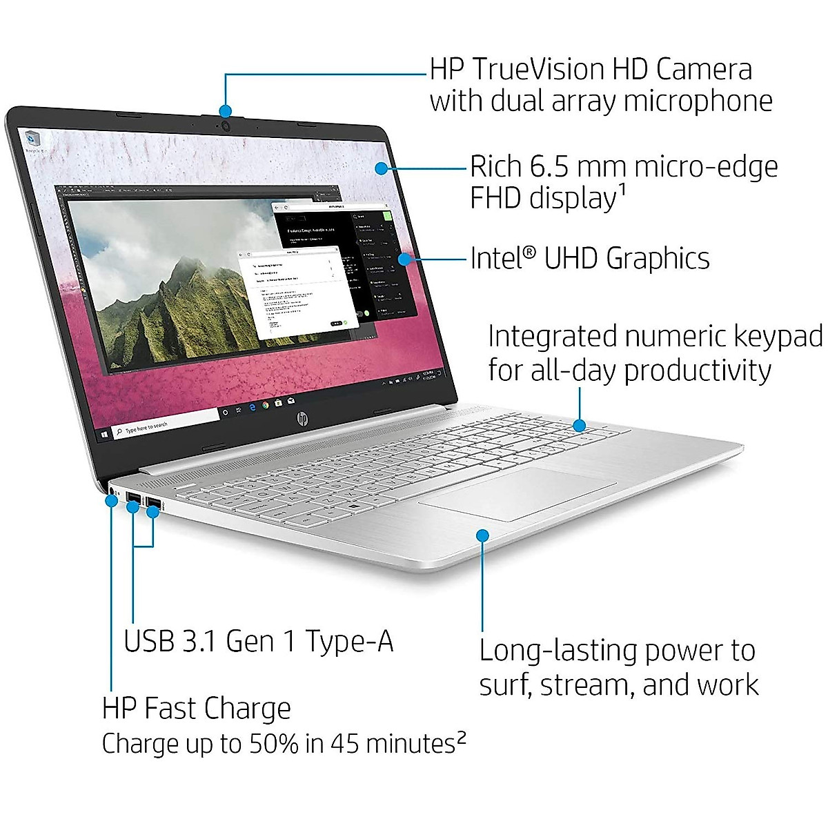 HP Laptop 15-dy1079ms (Core i7-1065G7) 15.6 Full HD 1920x1080 IPS touchscreen 12GB DDR4 Ram, 256GB SSD, Webcam, HDMI, Silver, Windows 10 Home