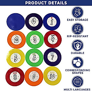 Set of 12 9-Inch Poly Vinyl Spot Markers Numbers 0-10 with 1 Blank in Spanish, French, English with Montessori Shapes for Classroom, Gym, Sports Teams, Preschool, Kindergarten, Elementary School