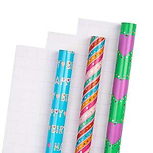LeZakaa Birthday Wrapping Paper Roll - Mini Roll - Happy Birthday Lettering/Heart/Stripe Design for Boy, Kids Gift Wrapping - 17 x 120 inches, 3 Rolls (42.5 sq.ft.ttl.)
