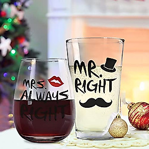 Mr. Right and Mrs. Always Right Stemless Wine Glass and Beer Glass, Funny Couple Set for Her Him Newlywed Couples - Ideal for Wedding Anniversary Valentine's Day Birthday Christmas, 12Oz