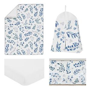 Sweet Jojo Designs Floral Leaf Baby Boy or Girl Nursery Crib Bedding Set - 4 Pieces - Blue Grey and White Boho Watercolor Botanical Flower Woodland Tropical Garden