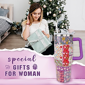 Sunmdecor Pioneer Women Tumbler with Handle and Silicone Straws - 40 Oz Flower Cups Insulated Tumbler - Monther's Day Nice Gift for Mom, Grandma