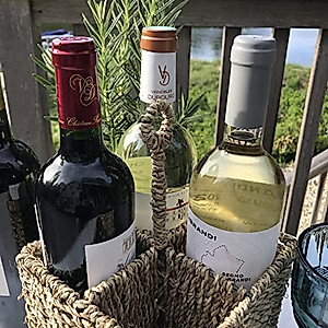 4 Compartment Basket Caddy, Bottle and Condiment Holder, Woven Wicker Over Metal Frame, Seagrass, 10.5 Inches