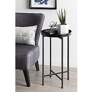 Kate and Laurel Celia Round Metal Foldable Accent Table with Tray Top, Black