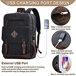 Canvas Vintage Laptop Backpack for Women Men, College Computer Bookbag Fits 17.3 Inch Laptop (Black)