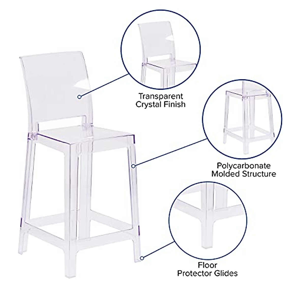 Flash Furniture 4 Pack Ghost Counter Stool with Square Back in Transparent Crystal