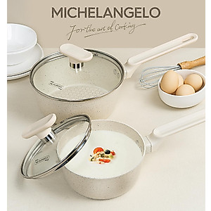 MICHELANGELO Sauce Pan, Nonstick Granite Sauce Pan Set with Lids 1.5 Quart & 2.5 Qaurt, Small Pot Set with Lids, Nonstick Saucepans with Lid, Stone Pot Set - White