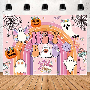 MEHOFOND 7x5ft Halloween Baby Shower Backdrop Pink Hey Boo Kids Birthday Bash Banner Cute Ghost Retro Groovy Rainbow Birthday Party Decorations Background Halloween Baby Shower Decorations Banner