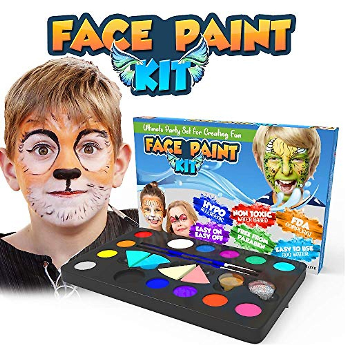 Desire Deluxe Face Paint Kit Palette – Kids & Adult Washable Halloween Make Up Party Set Toy Include Body Brush, Glitter, Stencil, Tattoo – Great Gift for Christmas & Birthday