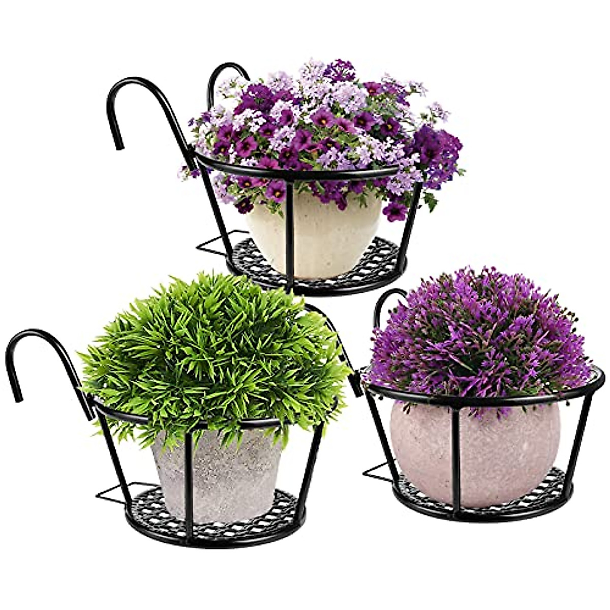 Kingbuy Balcony Rail Planters Hanging Railing Plant Holder Stand Flower Pot Basket for Fence Patio Deck Planter Outside and Indoor, 3 Pack, Black (Removable)
