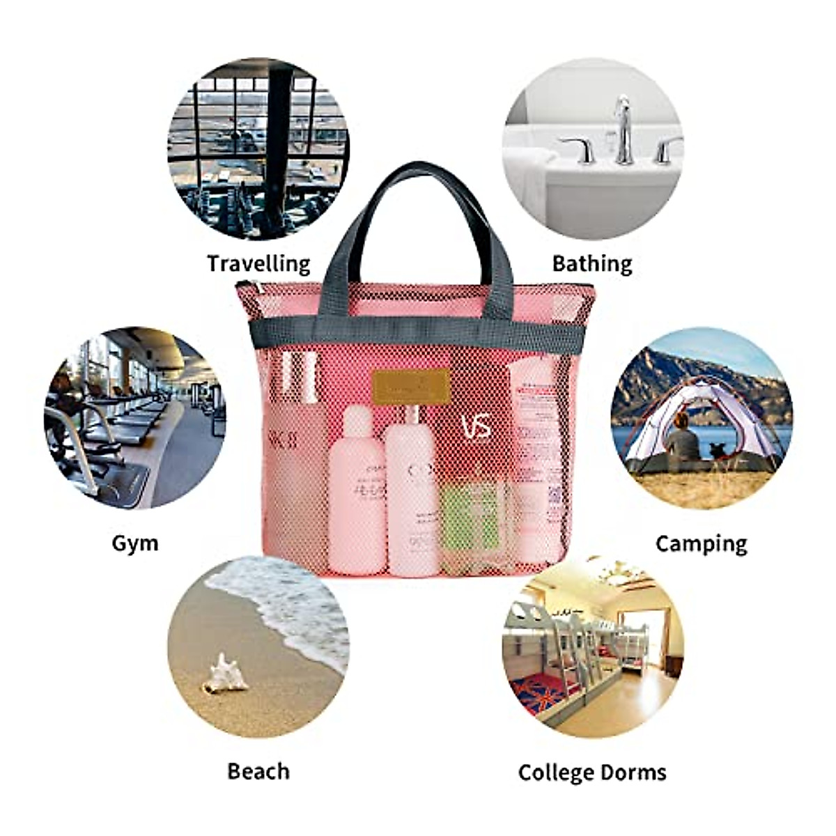 TOPASION Mesh Shower Caddy Bag Portable Hanging Toiletry and Bath Organizer with Zipper for Travel, Swimming, Gym, Camping, College Dorms, Beach (Pink)