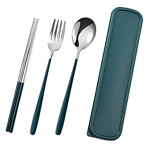 Xihuimay 3pcs Stainless Steel Chopsticks Fork Spoon Set with Travel Case Non-Slip Tabeware Pack Metal Portable Flatware Set Utensils Chinese Japanese Korean for Cooking Eating Dishwasher Safe, Silver