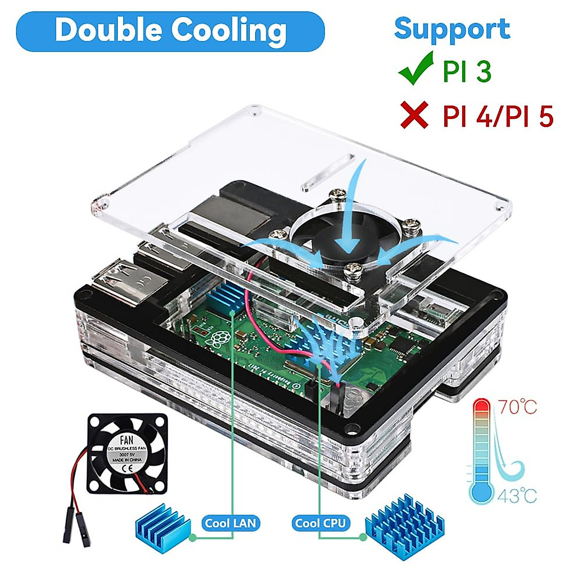 Miuzei Raspberry Pi 3 B+ Case with Fan Cooling Pi 3B Case with 3 Pcs Heat-Sinks 5V 3A Power Supply for Raspberry Pi 3 B+ (B Plus) 3B (No Raspberry Pi Board)