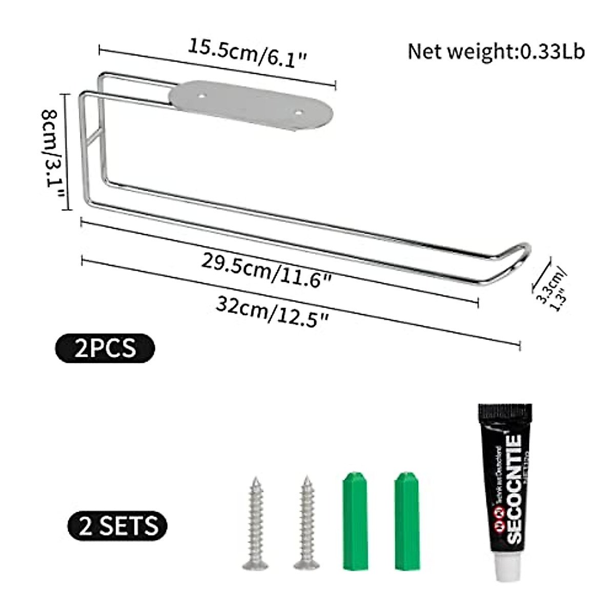 Paper Towel Holder Under Cabinet, H-SPACE 2 Pack Wall Mount Paper Towel for Kitchen, Self-Adhesive and Drilling Paper Towel Bar, Paper Towel Rack, SUS201 Stainless Steel 12.6 inch, Silver