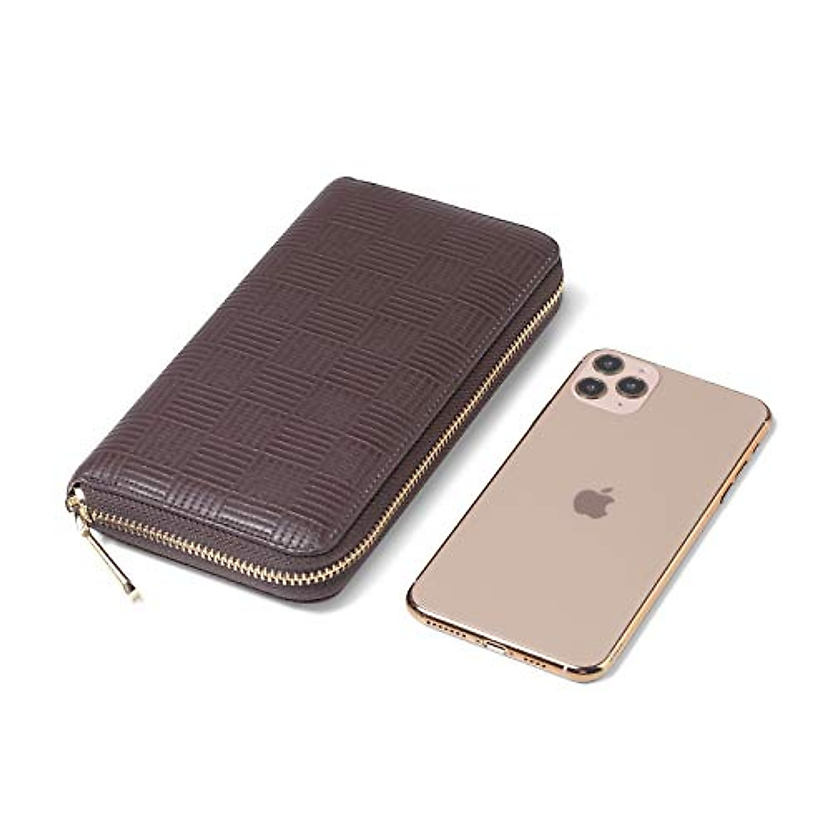 Daisy Rose Women’s Zip-Around Wallet & Phone Clutch with RFID Blocking, PU Vegan Leather (Brown Check)