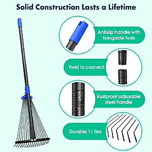 Garden Leaf Rake with Expandable Head from 9.5 inch to 17 inch, Collapsible Lawn Rake with Adjustable 53 Inch Splicing Handle, Heavy Duty Metal Rake for Lawn Yard, Flowers Beds and Roof