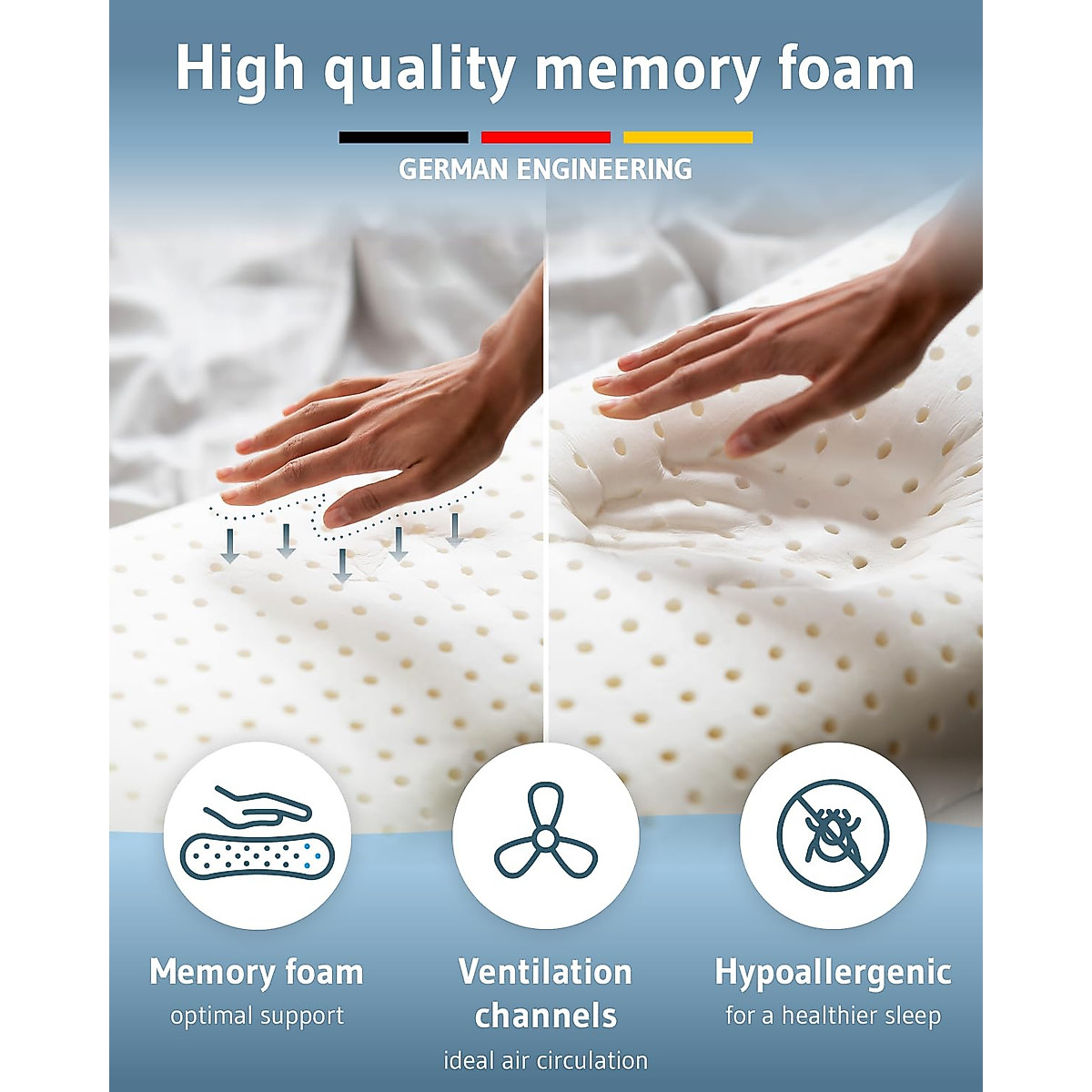 Neck Pillow ACAMAR QuickDry – Designed in Germany – Memory foam bed pillow for sleeping – Ergonomic with quick drying thermic pillowcase – Cervical pillow for neck and back pain – anti snore sleep