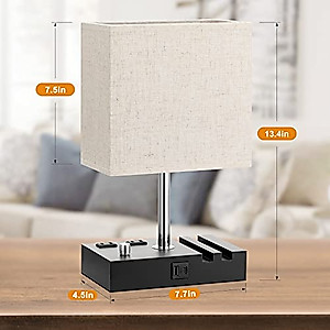 Bedside Lamps for Bedroom Set of 2, Kakanuo Fully Dimmable Small Beige Nightstand Lamps with USB C Ports and 2 Charging Outlets, Wooden Table Lamp with Phone Stands for Living Room, LED Bulbs Included