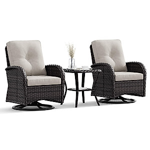 Joyside Patio Swivel Rocker Wicker Chairs - Outdoor Swivel Rocking Chairs Set of 2 with Wicker Side Table, Patio Swivel Rocker Chair 3 Piece Patio Furniture Sets for Porch Deck(Brown/Beige)