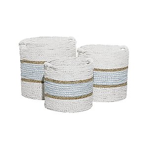 Deco 79 Wood Cylinder Storage Basket with Handles, Set of 3 16", 14", 13"H, White