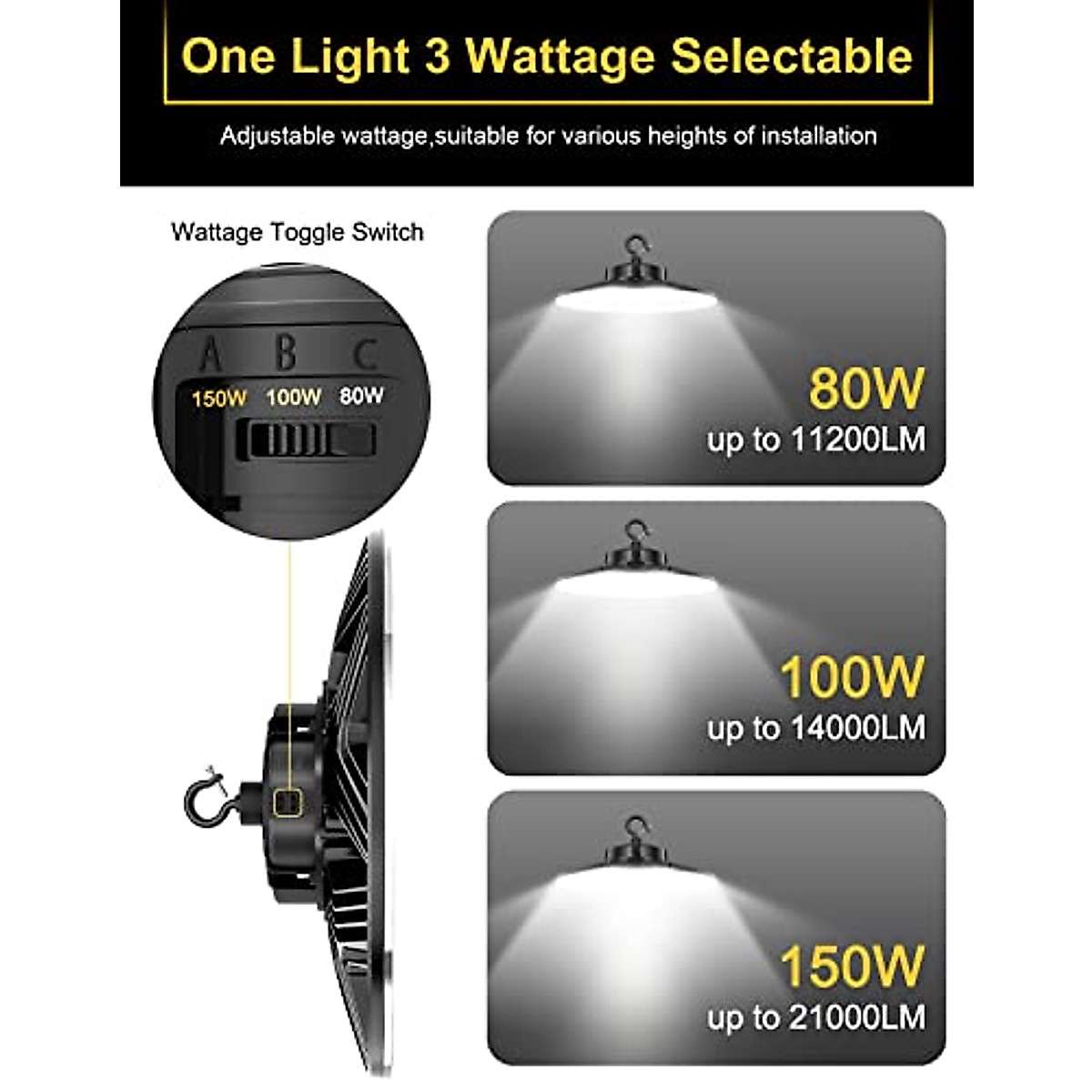 ORRGENA High Bay LED Light UFO High Bay LED Shop Lights, 80W/100W/150W Adjustable, 3000K/4000K/5000K Adjustable, Dimmable AC100-277V Low Bay Lighting for Gym Warehouse Factory Fixture