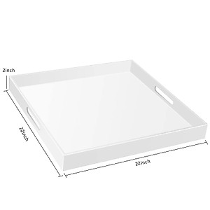MIKINEE 22×22 Inches Glossy White Acrylic Sturdy Serving Tray Decorative Ottoman Coffee Table Trays Water Proof Bed Tray Counter Top Organizer