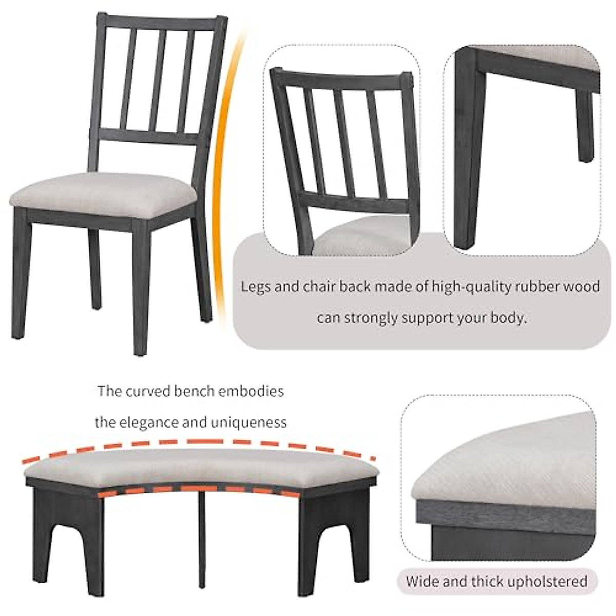 UBGO 5-Piece, Kitchen Room Sets with 44" Round Table and 3 Upholstered Dining Chairs & a Curved Bench,for 4-5 People (Grey)