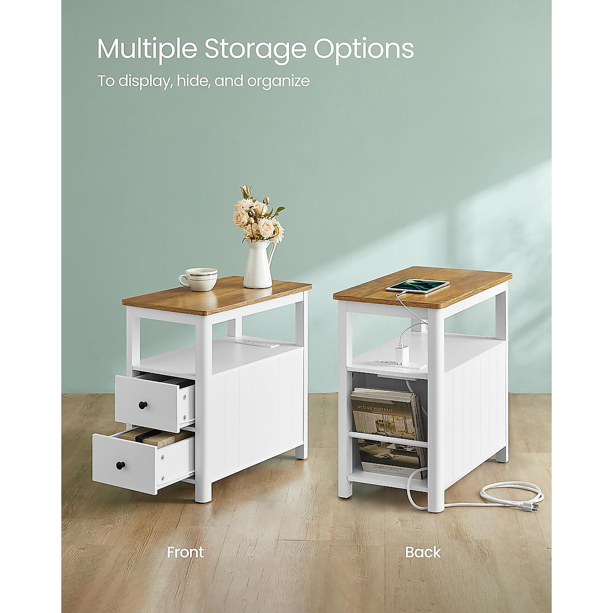 VASAGLE Side Table with Charging Station, Narrow Nightstand with 2 Drawers, Living Room End Table with Storage, for Small Spaces, Coastal Style, Rustic Walnut and Classic White ULET322T14