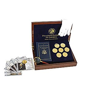 The Franklin Mint Founding Fathers Coin Collection - 7-Piece 24-Karat Gold-Plated Collectible Coins with Wood and Metal Storage Box - United States of America Leaders - Complete Set