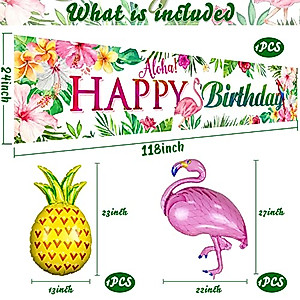 Large Hawaiian Aloha Happy Birthday Banner Luau Party Decorations Tropical Flamingo Birthday Banner Yard Sign for Indoor Outdoor Hanging Supplies Decor with Flamingo Pineapple Balloons