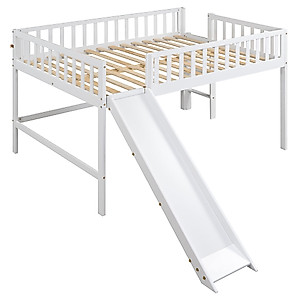 Harper & Bright Designs Full Size Low Loft Bed with Slide, High Guardrail & Ladder, Kids Wooden Full Loft Bed Frame for Girls,Boys, No Box Spring Needed, White
