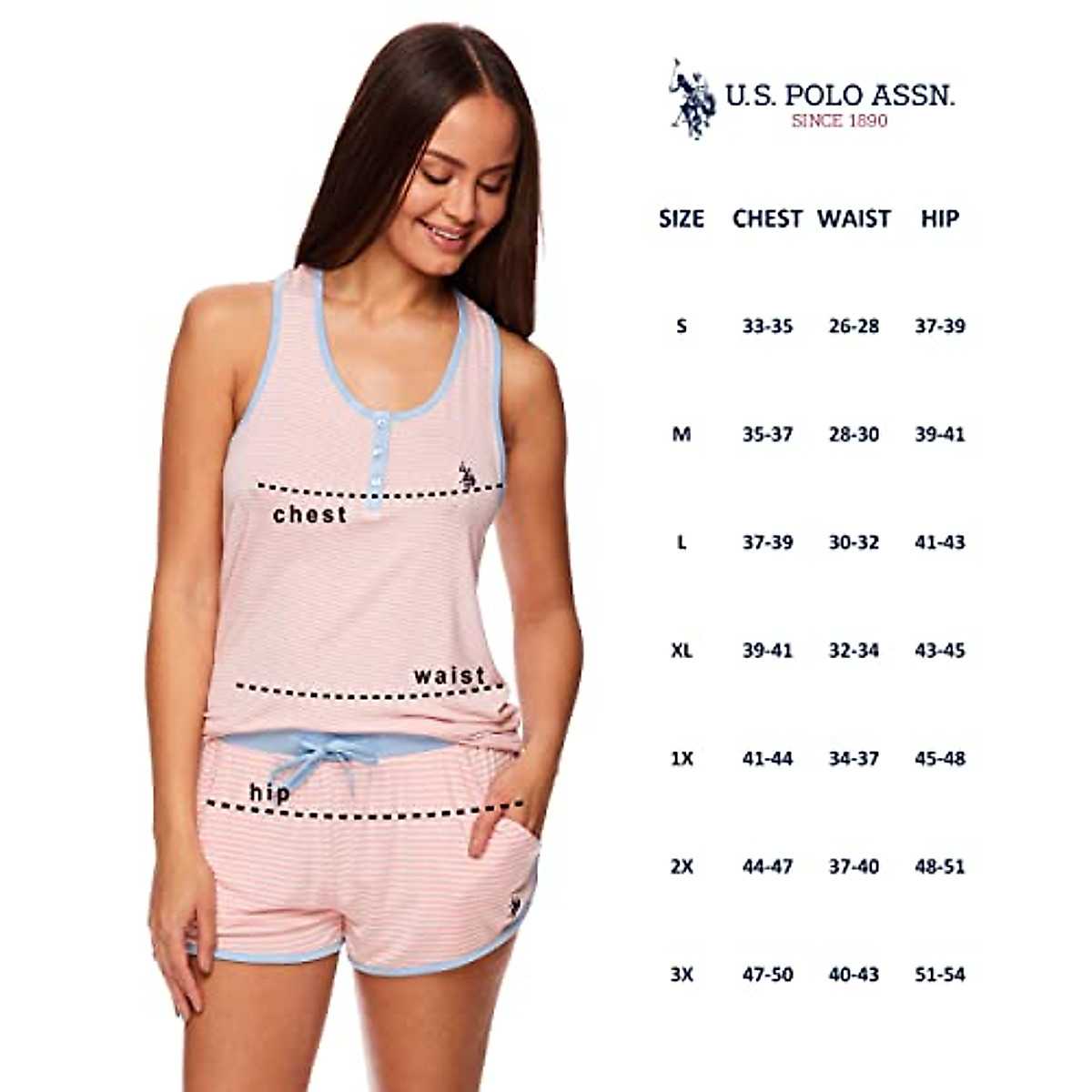 U.S. Polo Assn. Womens Racerback Tank Top and Pajama Shorts with Pockets Lounge Sleep Set Pink Large