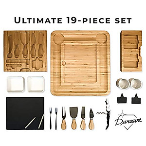 Bamboo Cheese Board and Knife Set Ceramic Bowls Wine Opener - 100% Organic Wood Serving Tray Charcuterie Board Perfect Choice for Gourmets, Birthday Presents, Wedding Gifts, Mothers & Housewarming